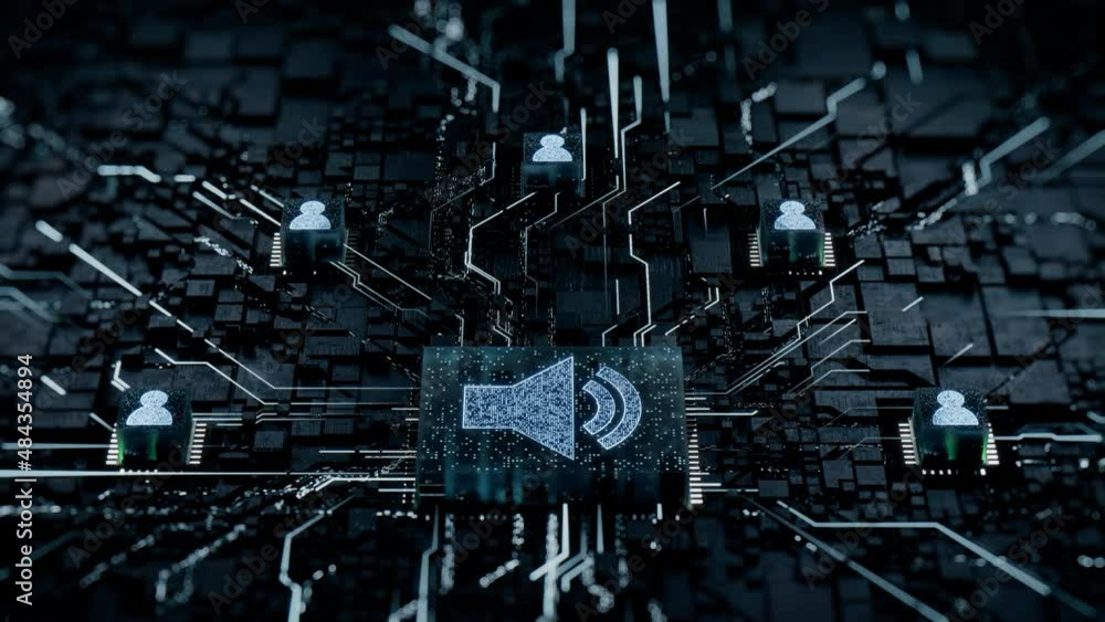 Sound Technology Concept with audio symbol on a Microchip. White Neon ...