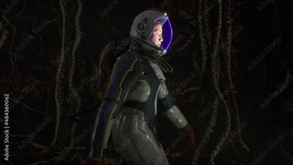 An astronaut walks through a creepy alien cave inhabited by nightmarish ...