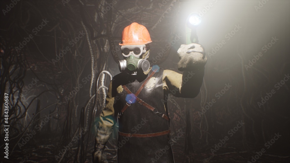 A biologist in a protective special suit walks through a cave with ...