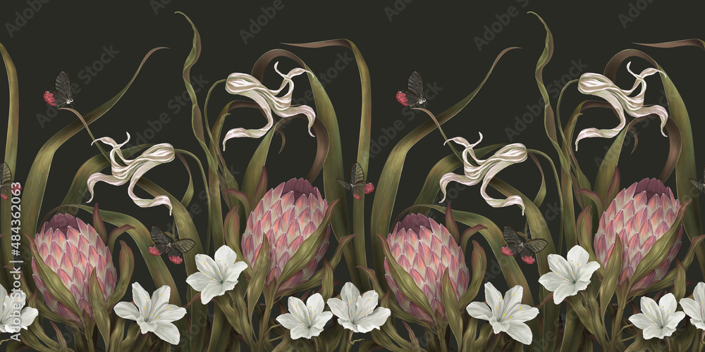 Dark exotic pattern. Wallpaper with protea and white flowers lilies and ...