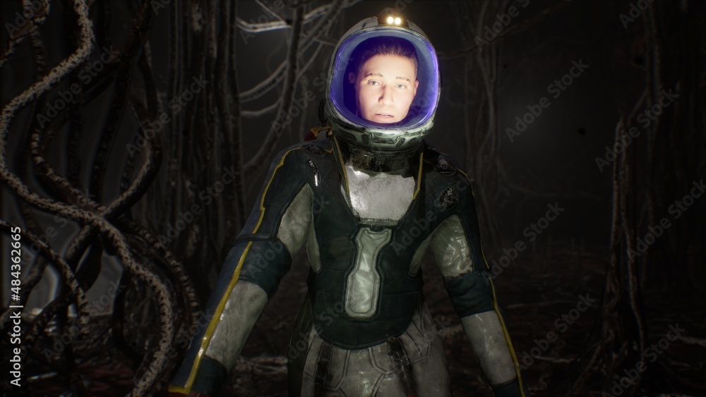 An astronaut walks through a creepy alien cave inhabited by nightmarish ...