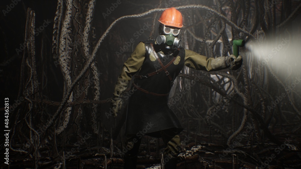 A biologist in a protective special suit walks through a cave with ...