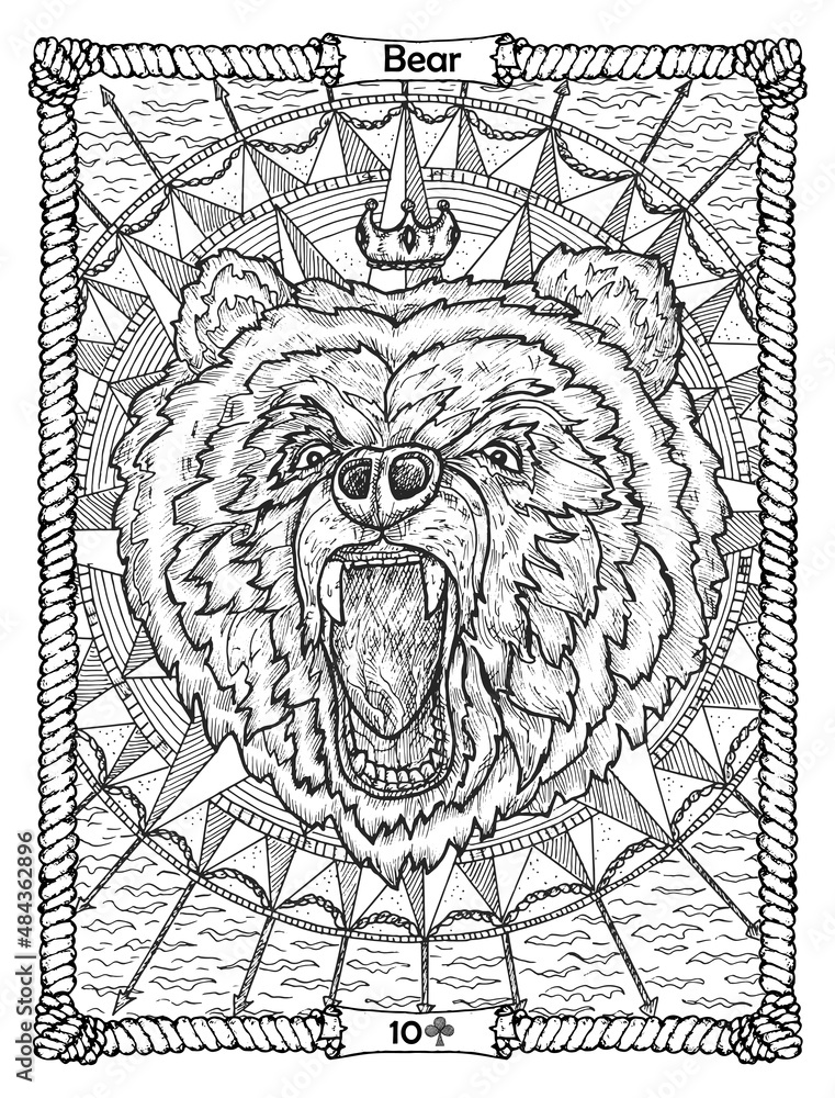 Bear card from the oracle Old Marine Lenormand deck with compass and ...