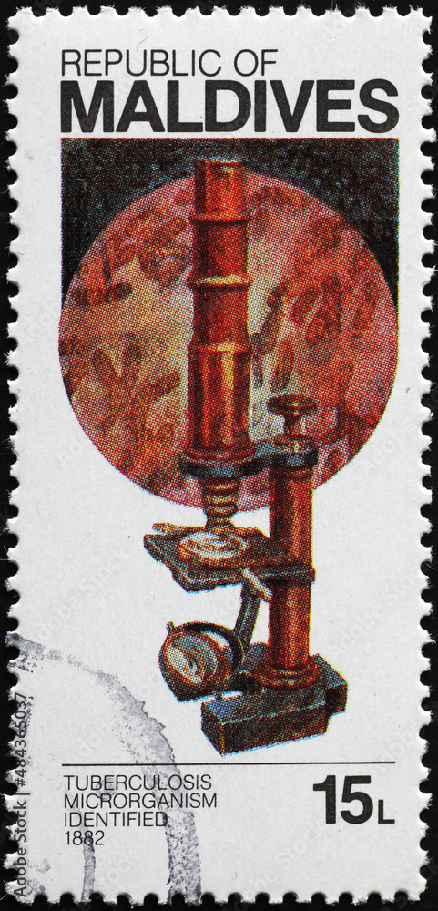 Ancient microscope used by Robert koch on stamp of Maldives Stock Photo ...