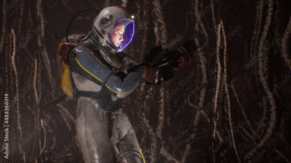 An astronaut walks through a creepy alien cave inhabited by nightmarish ...