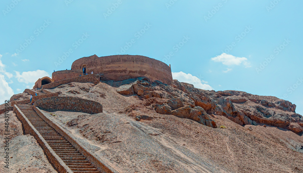 Ruins of Zoroastrian Towers - Towers of silence at bright blue sky ...