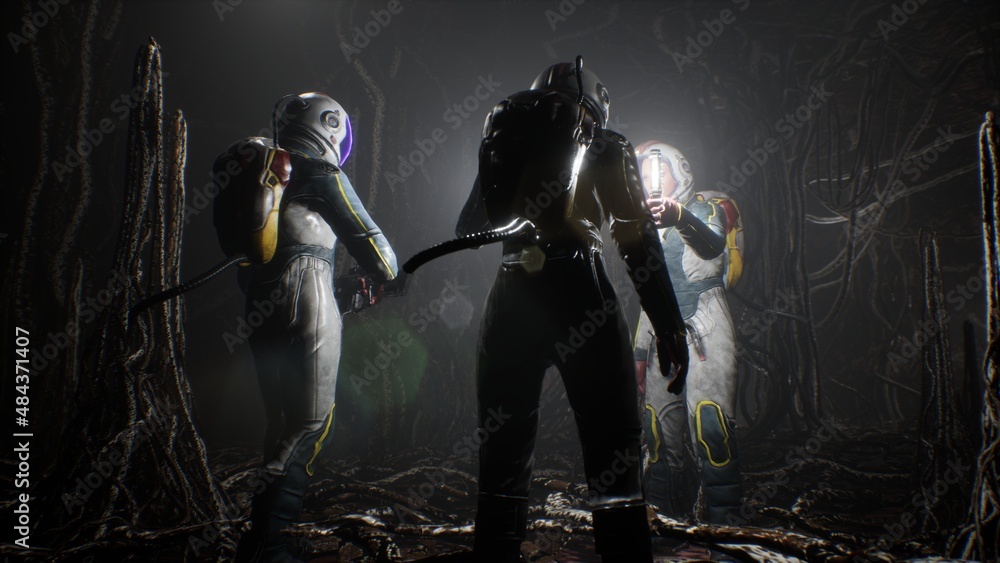 Astronauts on an alien planet find themselves in a cave with alien ...