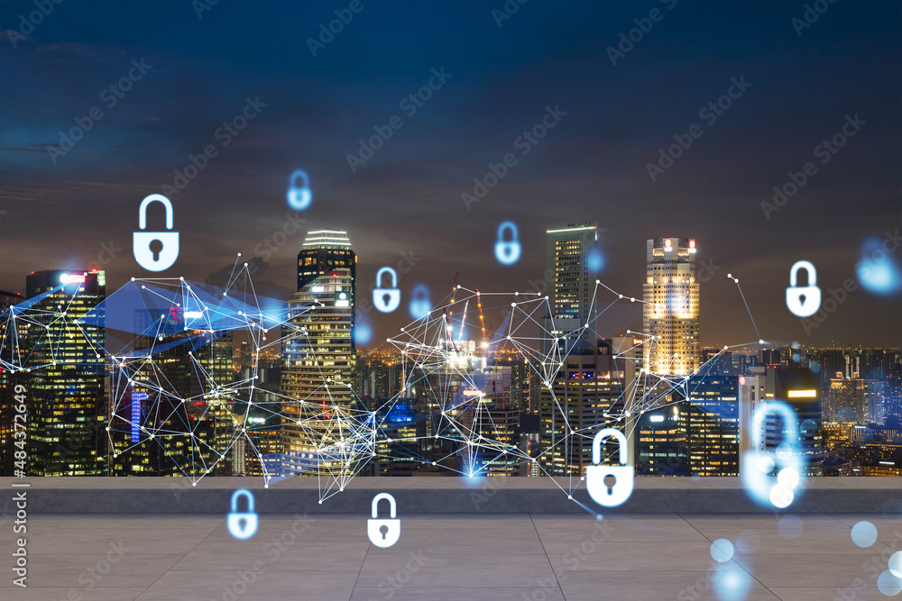 Rooftop with concrete terrace, Singapore night skyline. Cyber security ...