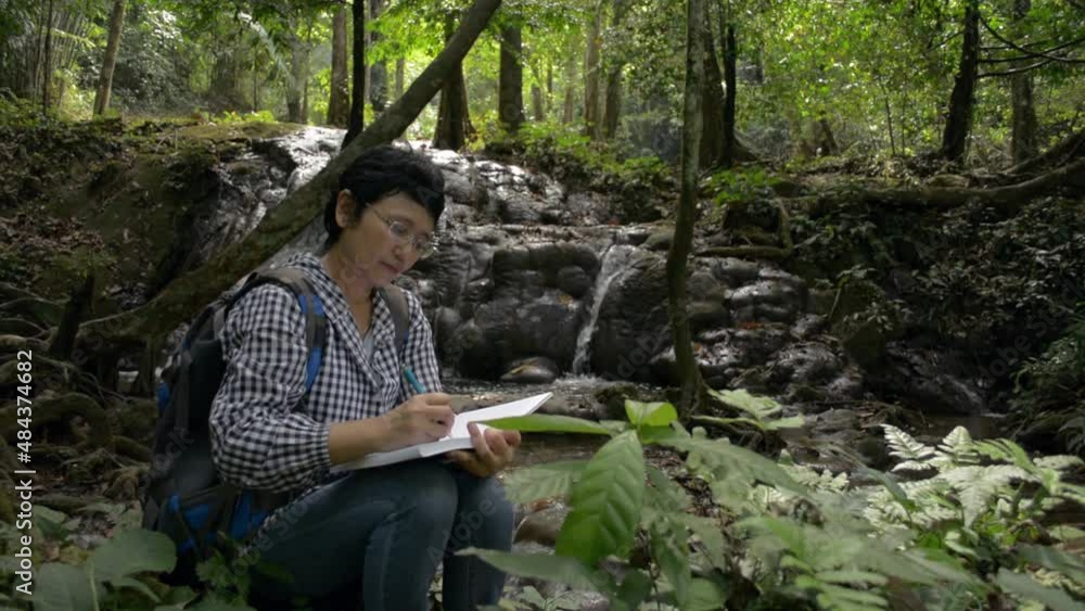 Asian female ecologist observing and analyzing the characteristics of ...
