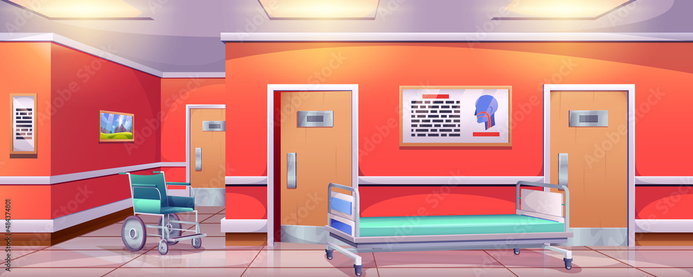 Cartoon hospital hallway with wheelchair and trolley bed. Empty hall ...
