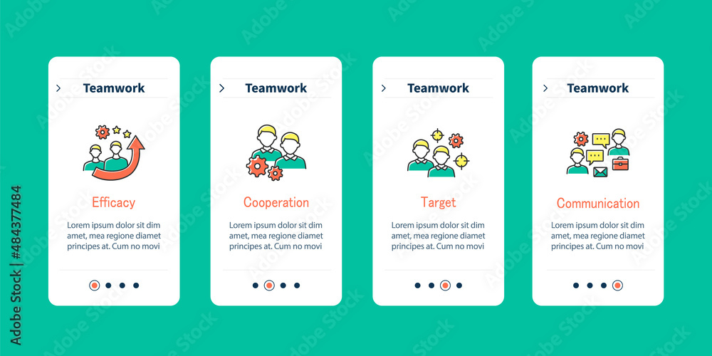 Teamwork mobile app screen. Efficacy, cooperation, target and ...