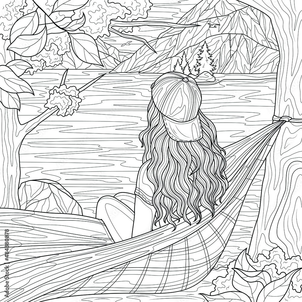 Coloring book antistress for children and adults. The girl sits in a ...