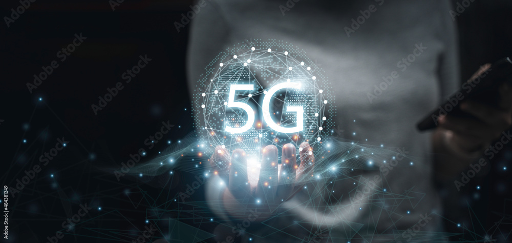 Business person hand holding icon 5g.5G network digital hologram and ...