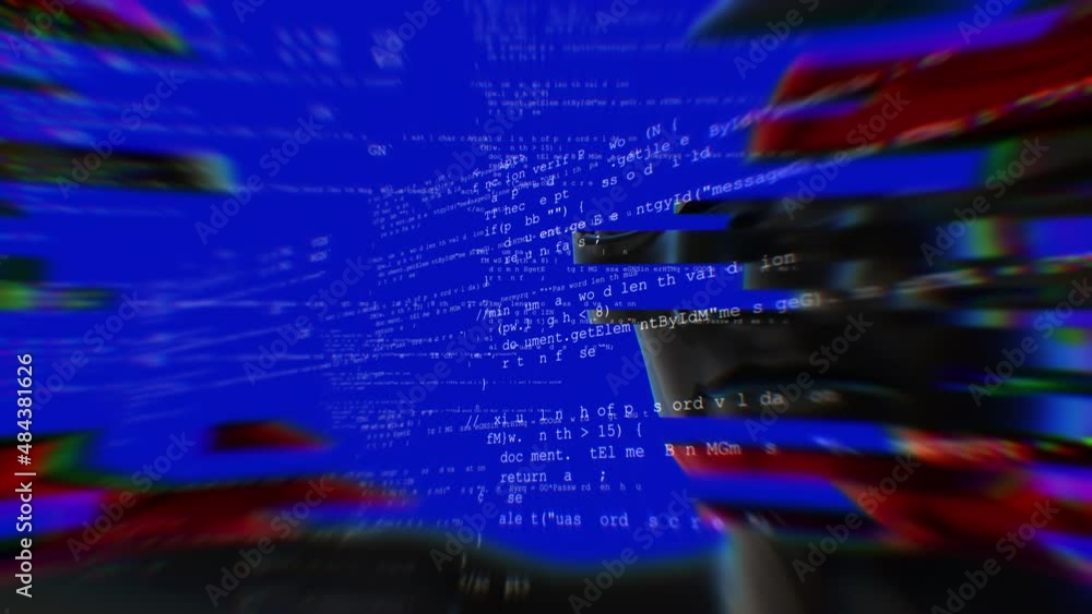 Technological background with robotic human face and programming code ...