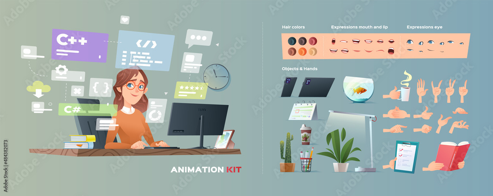 Woman programmer at the computer. Kit for Animation with of several ...