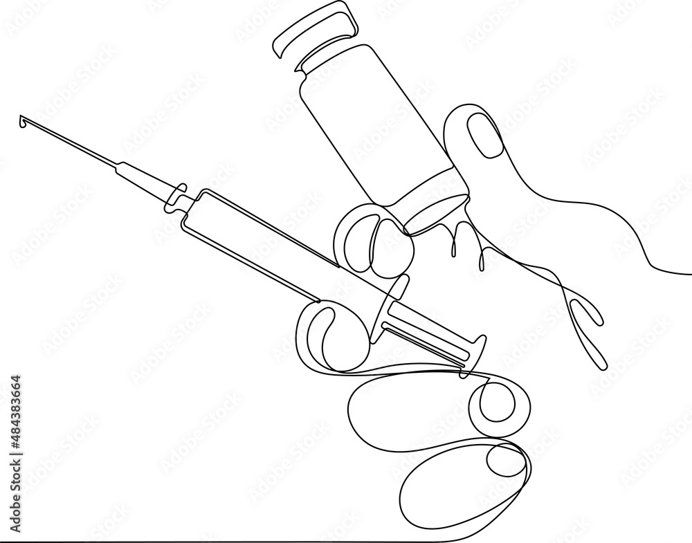 Continuous one line drawing of Medicine doctor and vaccine dose flu ...