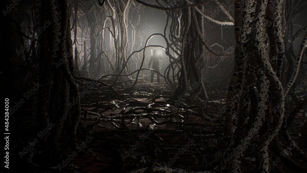 A biologist in a protective special suit walks through a cave with ...