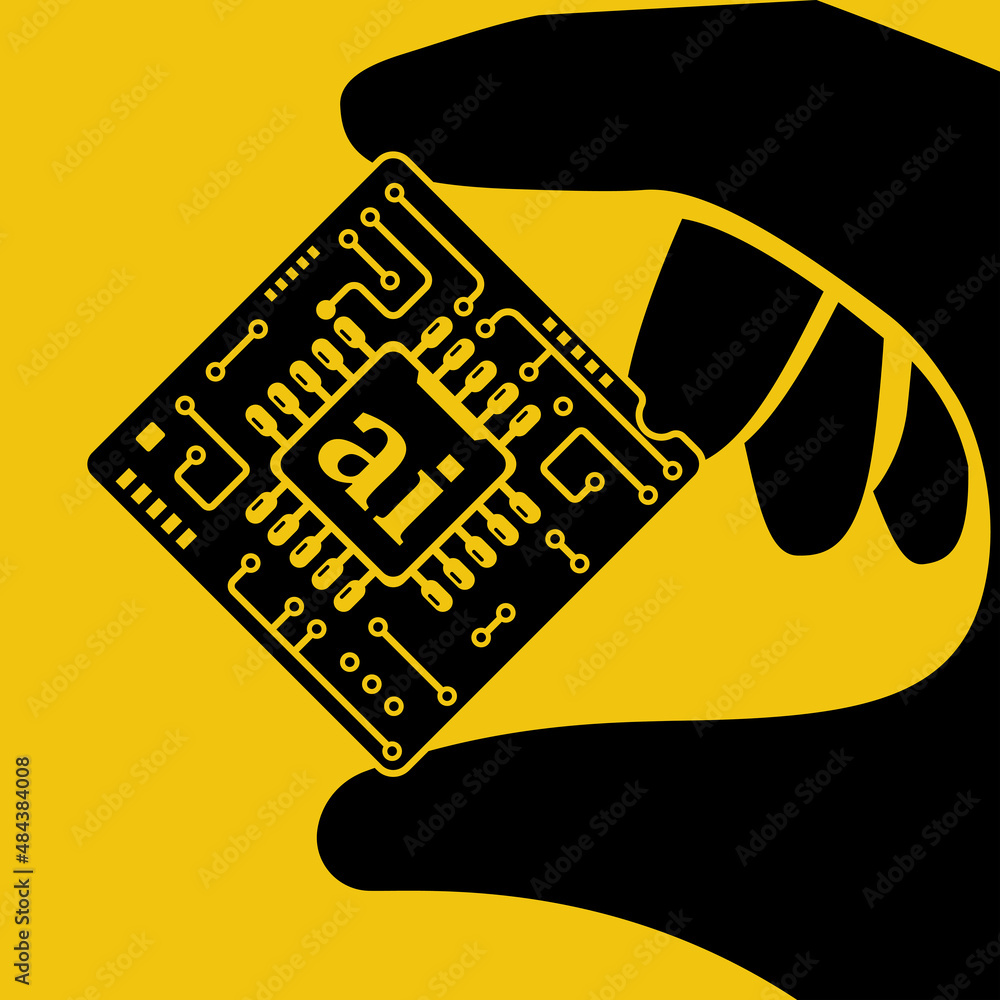 Computer chip in hand. Vector illustration flat design. Isolated on ...