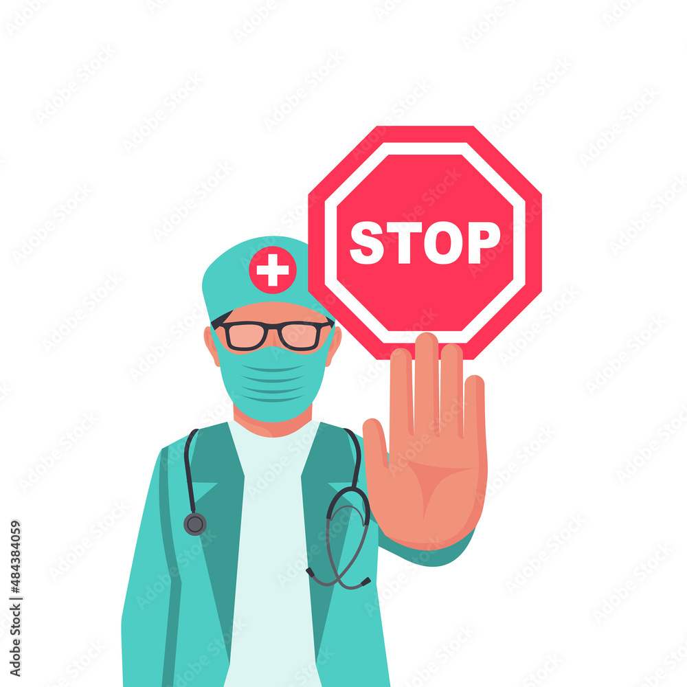 Doctor Stop. Hand gesture. Gesture Stop. Doctor in a medical mask suit ...