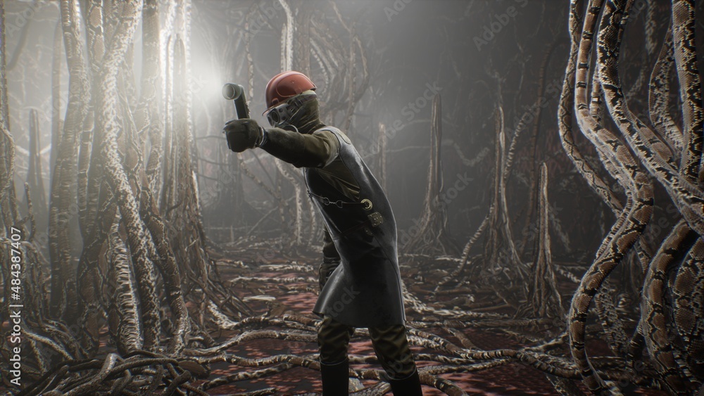 A biologist in a protective special suit walks through a cave with ...