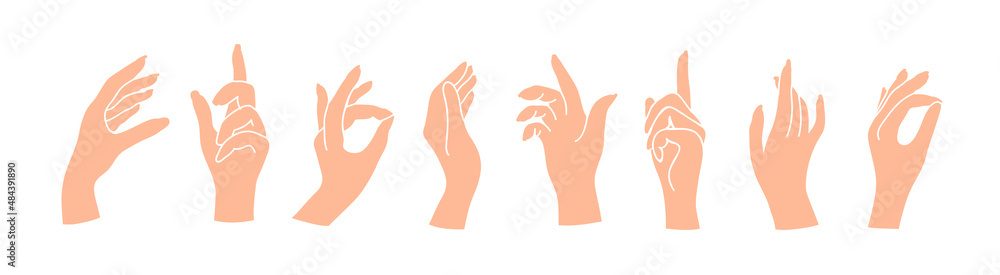 Set of woman hands in various gestures isolated on white background ...