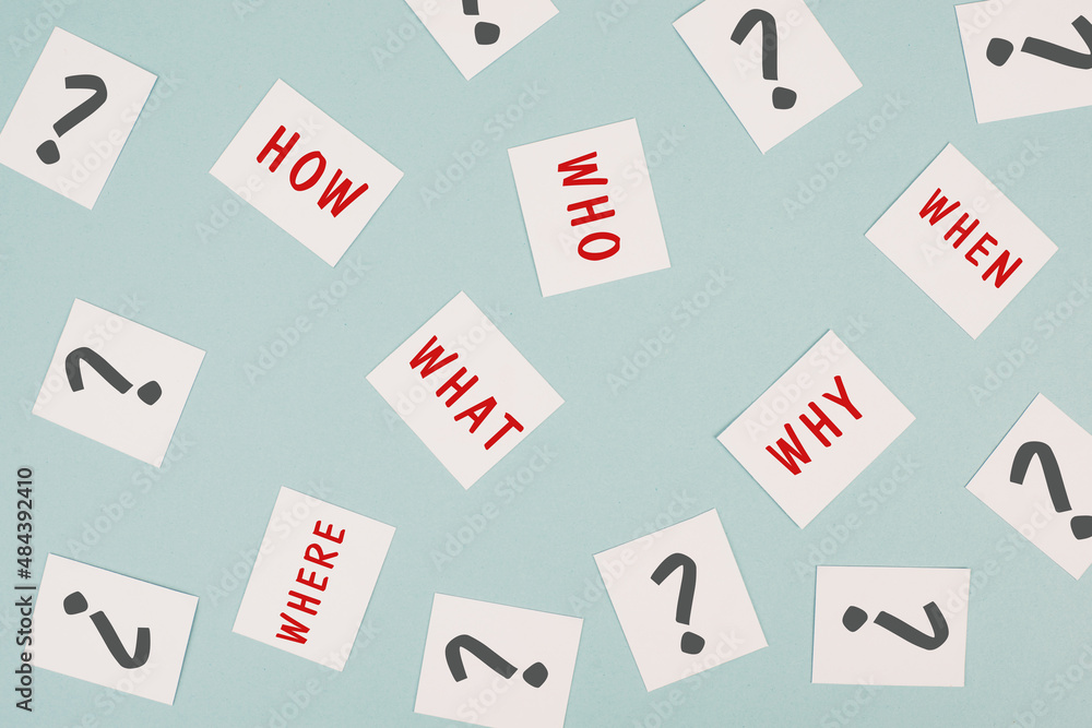 The words who what where how why and when are standing on small pieces ...