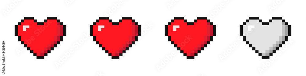 Pixel hearts. 8-bit hearts. Set of heart in video game style. Heart ...