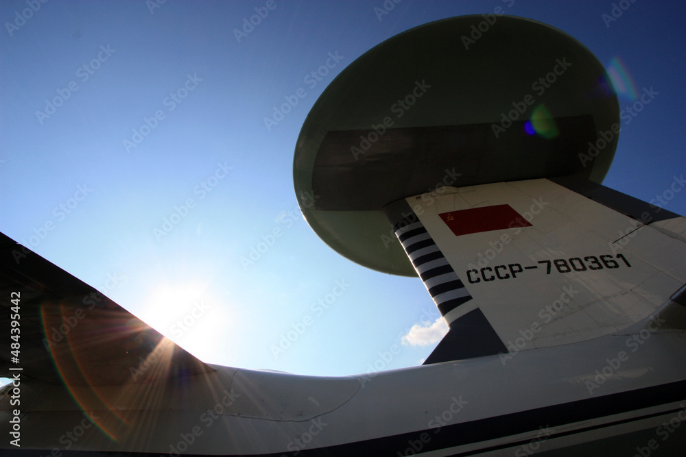 Rotating radar dome (rotodome) atop the vertical stabilizer of the ...