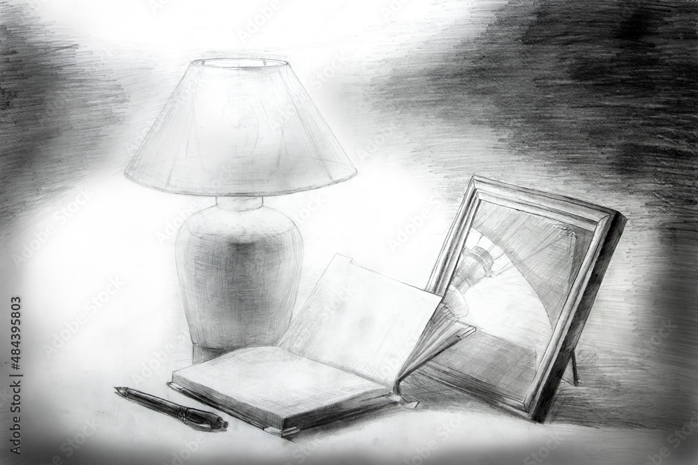 A drawing of a night lamp turned on, a notebook with a writing pen and ...