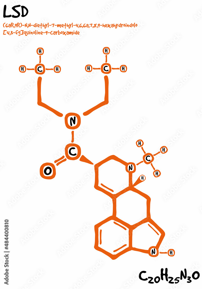 Large and detailed isolated drawn molecule and formular of LSD. vector ...
