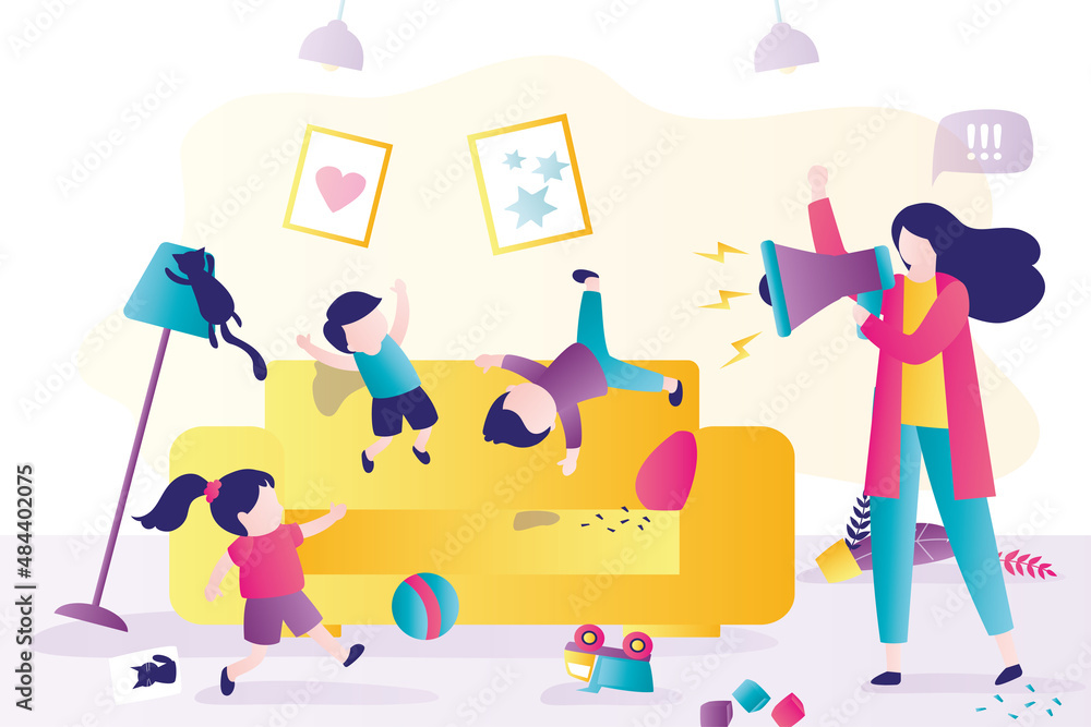 Angry mother tries to calm mischievous children. Kids playing make mess ...