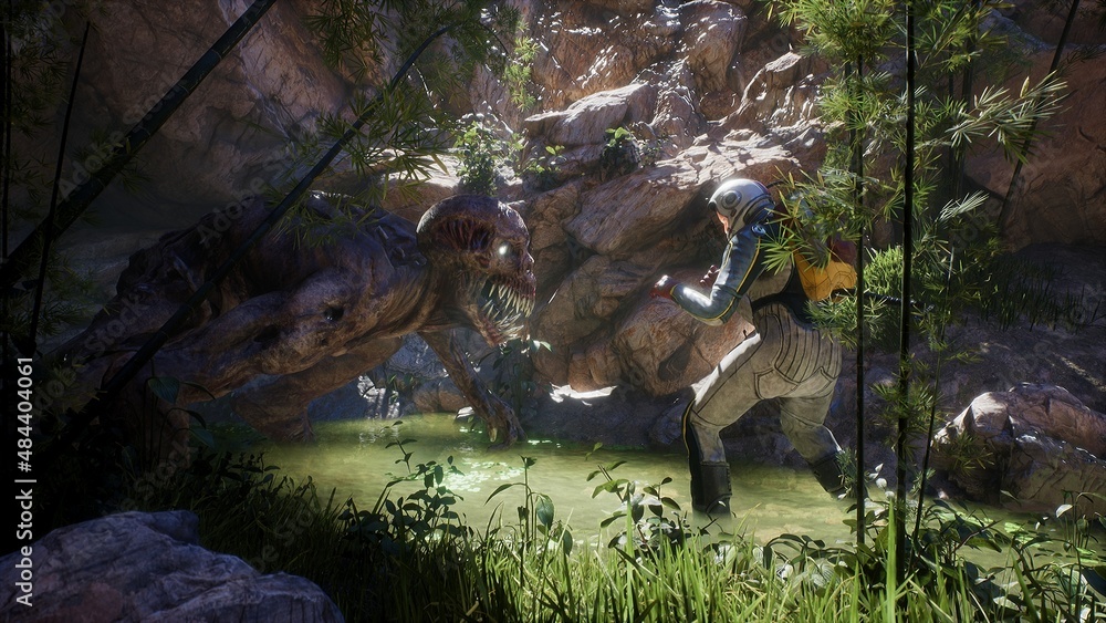 A fearless astronaut battles a terrifying alien monster on an alien ...