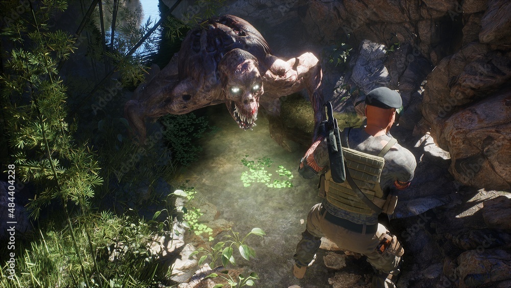 A brave soldier fights a nightmarish monster in a tropical jungle. A ...