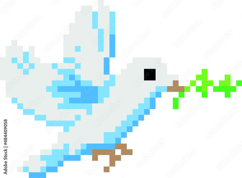Dove flying with spread wings carrying olive branch in its beak, 8 bit ...