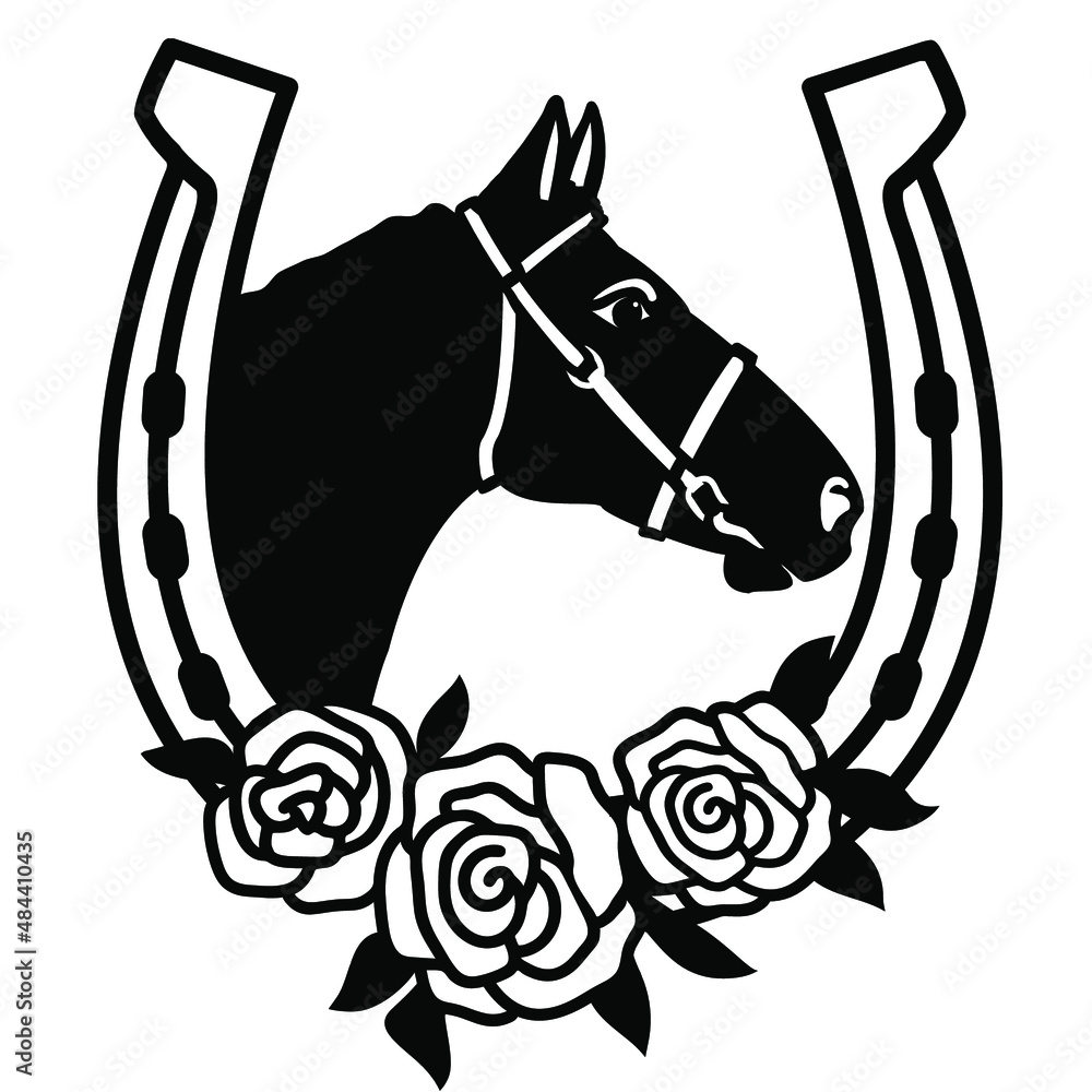 Horse and horseshoe sign silhouette with roses flowers illustration ...