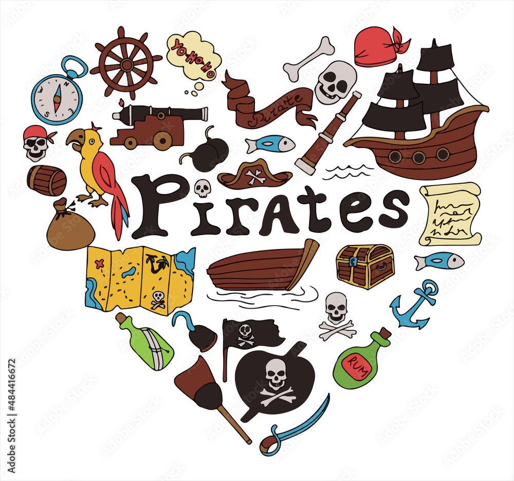 Vetor do Stock: Vector doodle pirate heart. A map with a hand-drawn ...