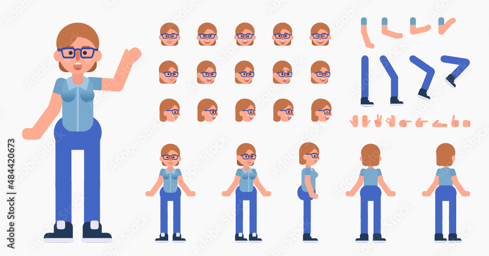 Cheerful geek woman creation kit. Create your own action, pose ...