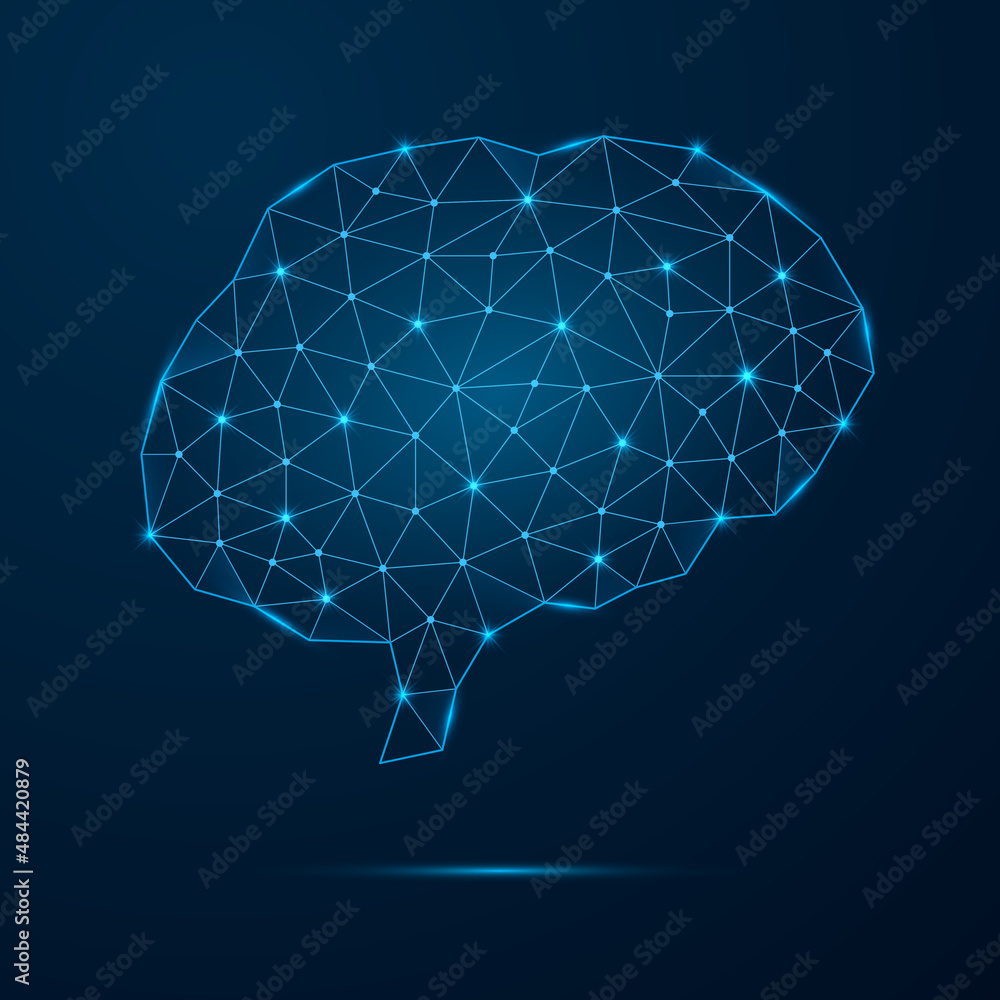 Human brain with low poly glowing connected dots. Futuristic internal ...