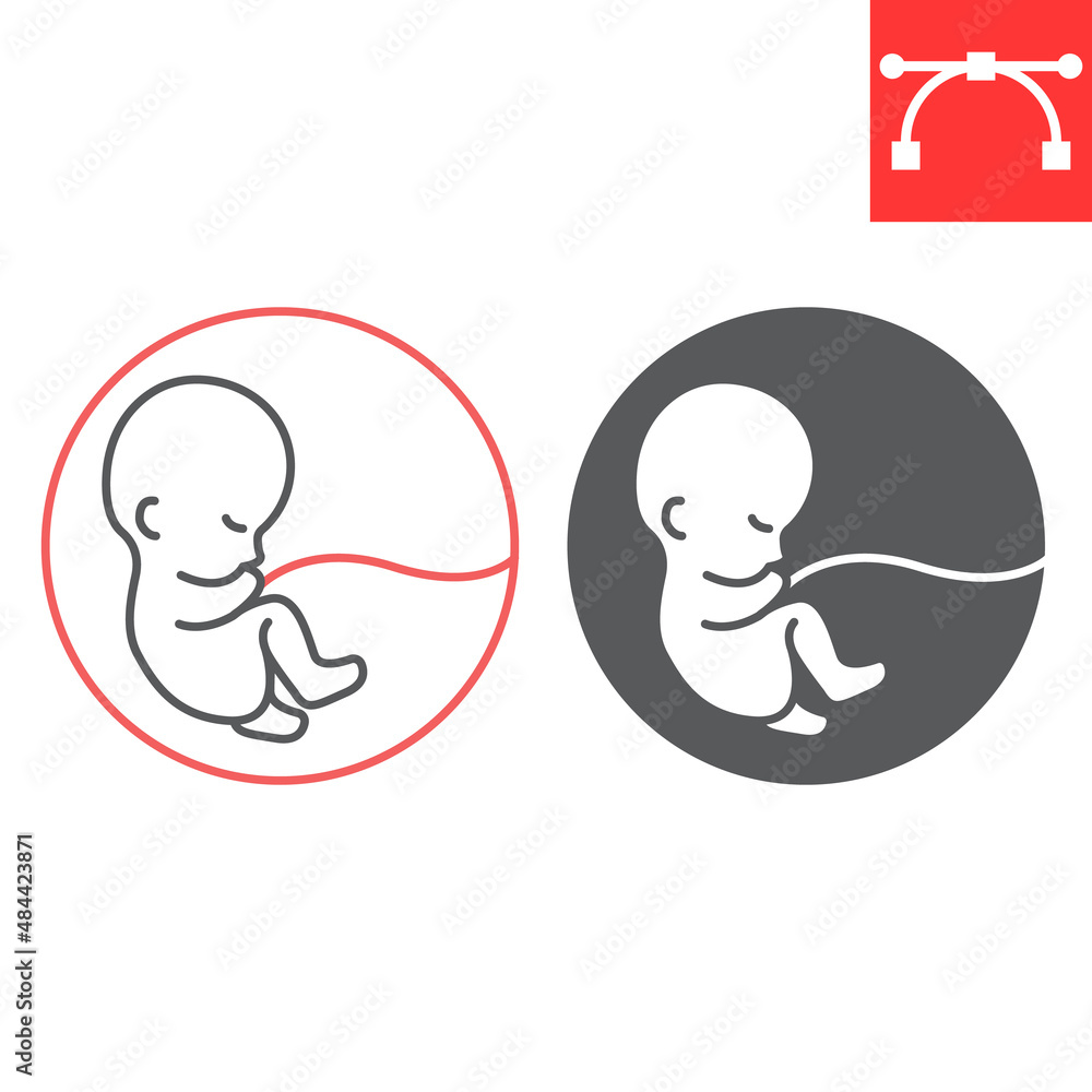 Fetus line and glyph icon, embryo and pregnancy, baby in the womb ...