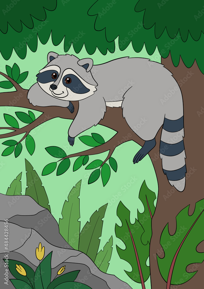 Cartoon wild animals. Cute smiling raccoon rests on the tree in the ...