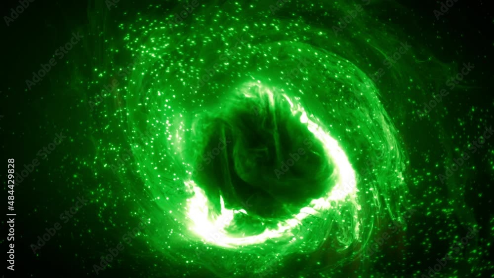 Abstract green fluorescent particle swirl orbiting an organic nucleus ...