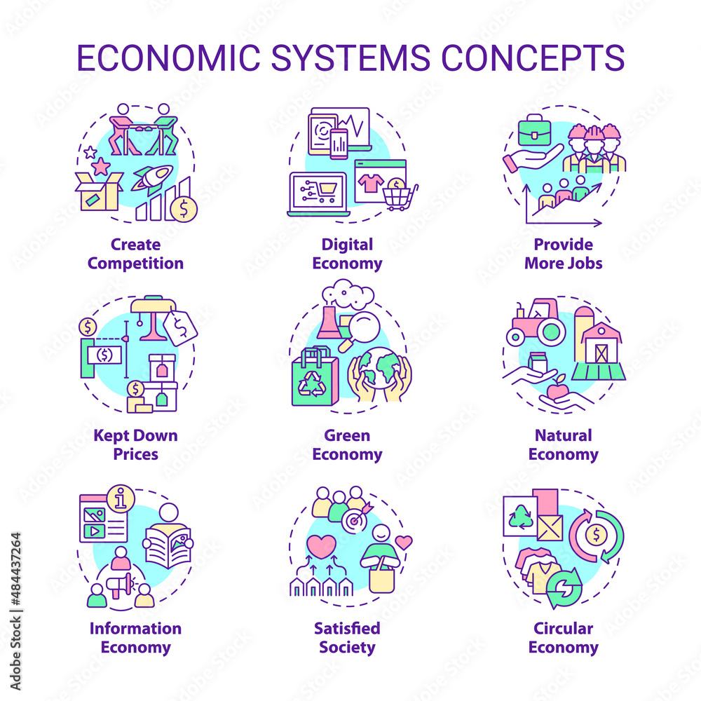 Economic systems concept icons set. Manufacturing and distribution ...