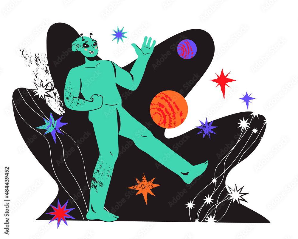 Funny smiling space alien cartoon green humanoid among space objects ...