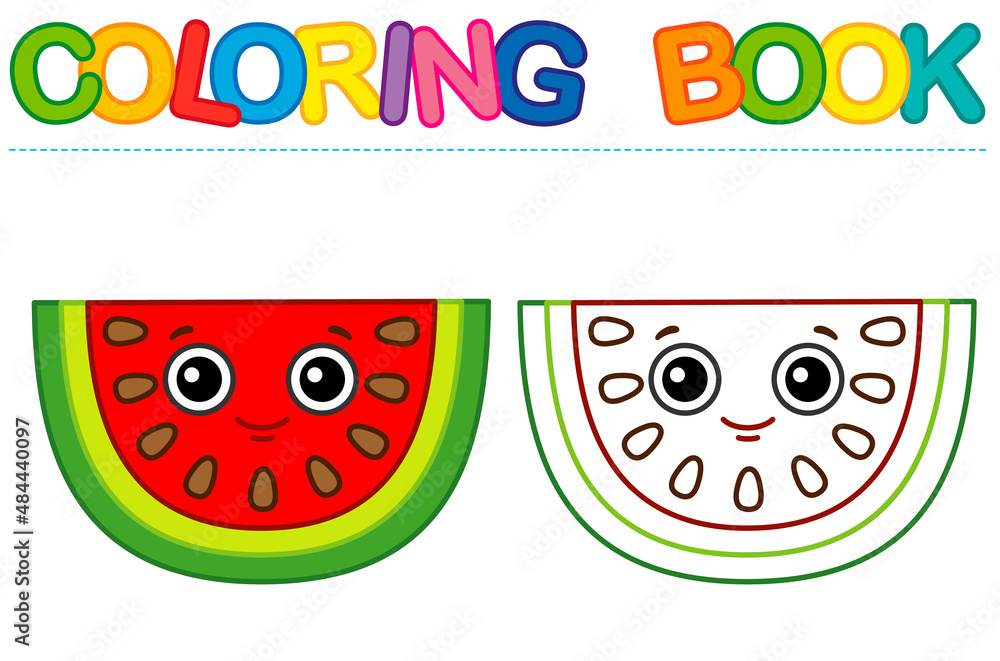 Coloring page funny smiling red watermelon. Vector coloring book for ...