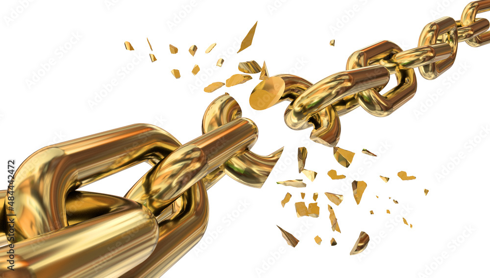 chain break breaking shuttered gold golden background - 3d rendering ...