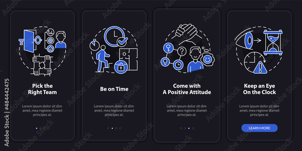 Escape room winning methods night mode onboarding mobile app screen ...