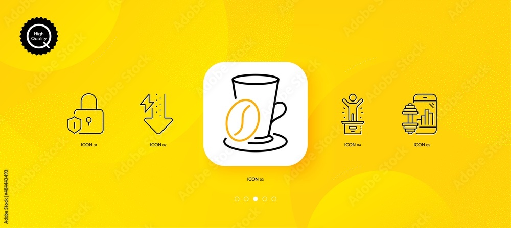 Coffee cup, Lock and Winner podium minimal line icons. Yellow abstract ...