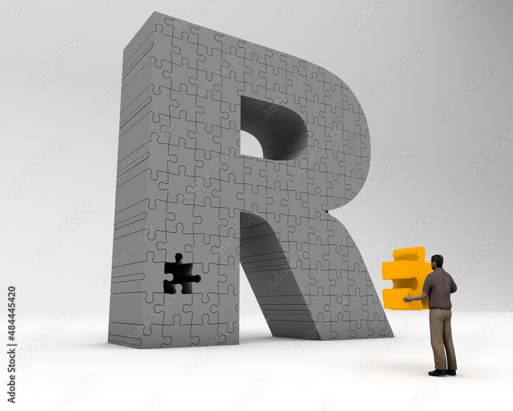 3D illustration of the letter R jigsaw with a man holding the missing ...