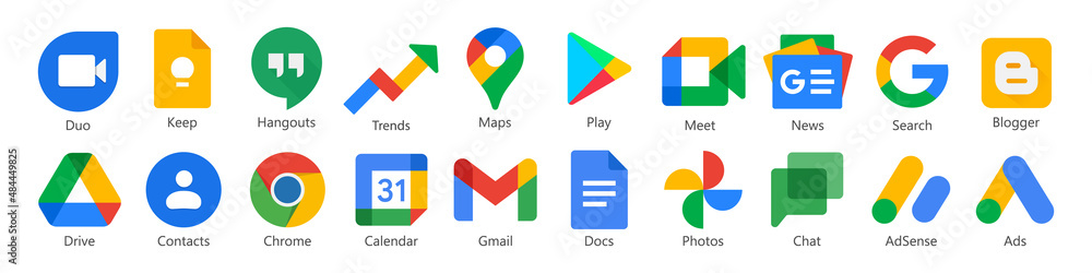 Google icons set. Google product icon on a white background. Google ...