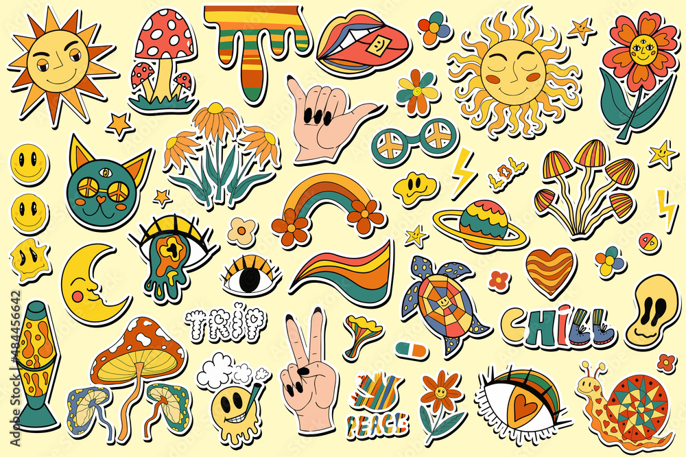Retro 70s stickers , hippie , psychedelic trippy groovy elements ...